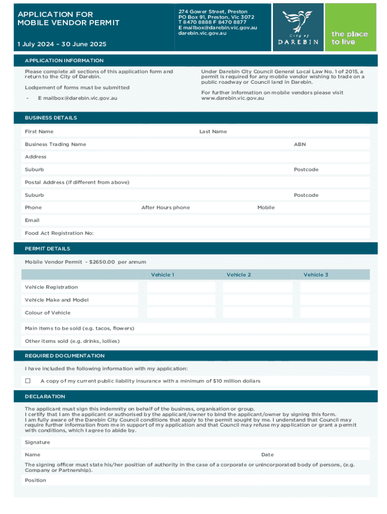 Fillable Online Mobile Vendor Permit Application Form 1 July 2024 – 30 ...