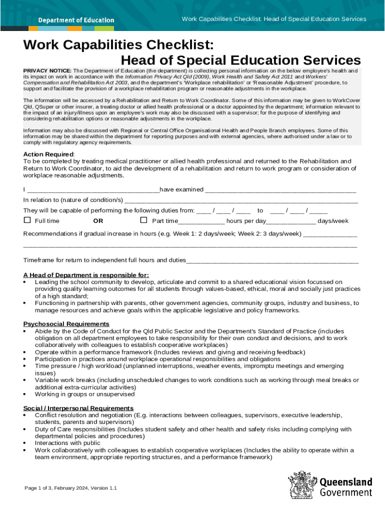 Work capabilities checklist: Head of Special Education Services ...