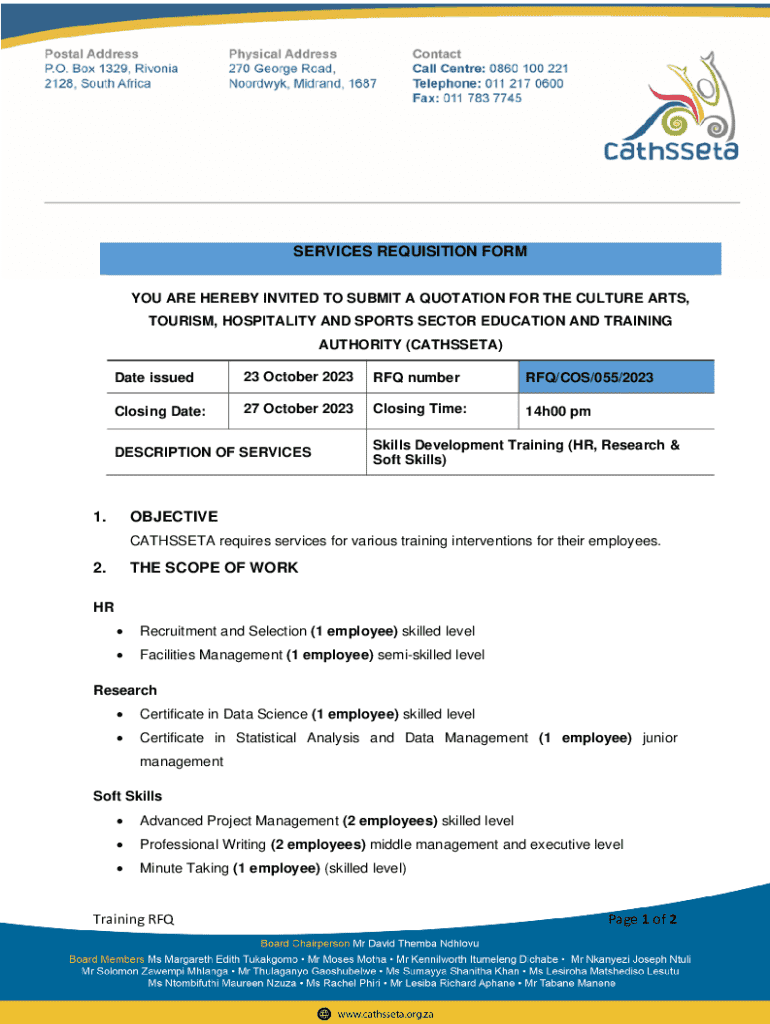 Fillable Online Training RFQ Page 1 of 2 SERVICES REQUISITION FORM ... Fax Email Print - pdfFiller