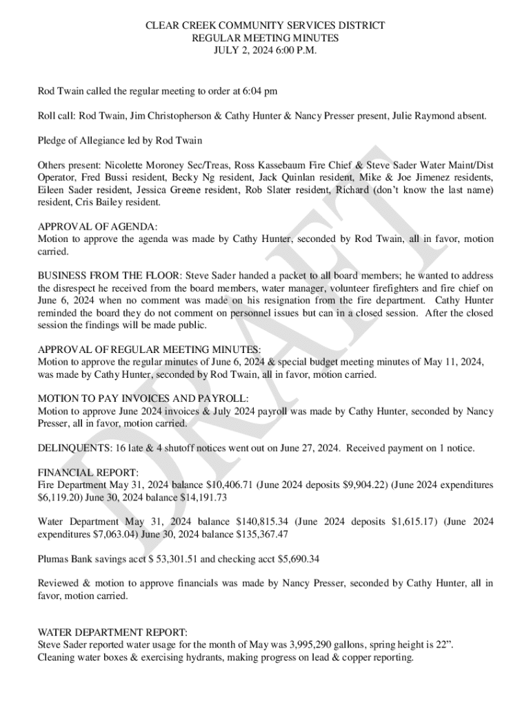 Fillable Online Roll call: Rod Twain, Jim Christopherson & Cathy Hunter ...