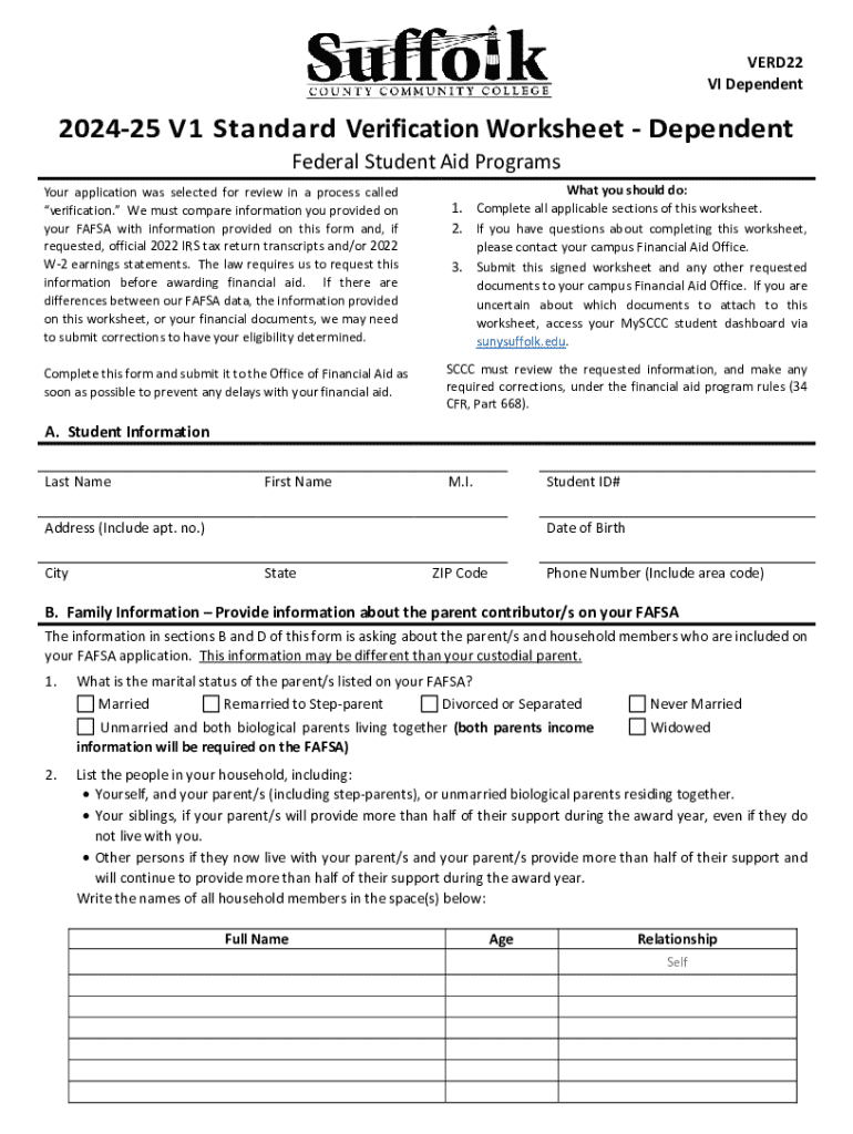 Fillable Online 2425 V1 Standard Verification Worksheet - Dependent ...