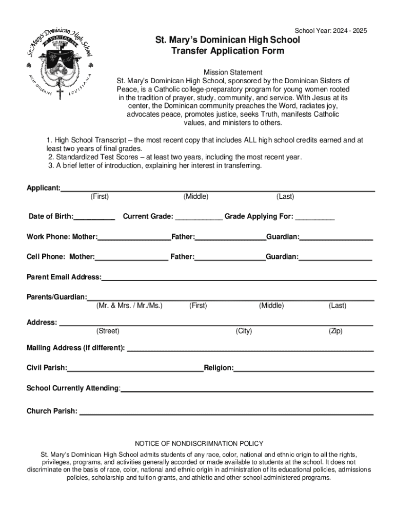 Fillable Online St. Mary\'s Dominican High School Transfer Application ...