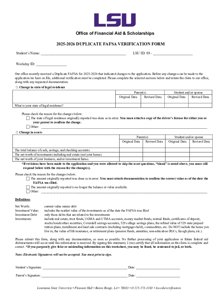 Fillable Online Duplicate FAFSA Verification Form Fax Email Print - pdfFiller