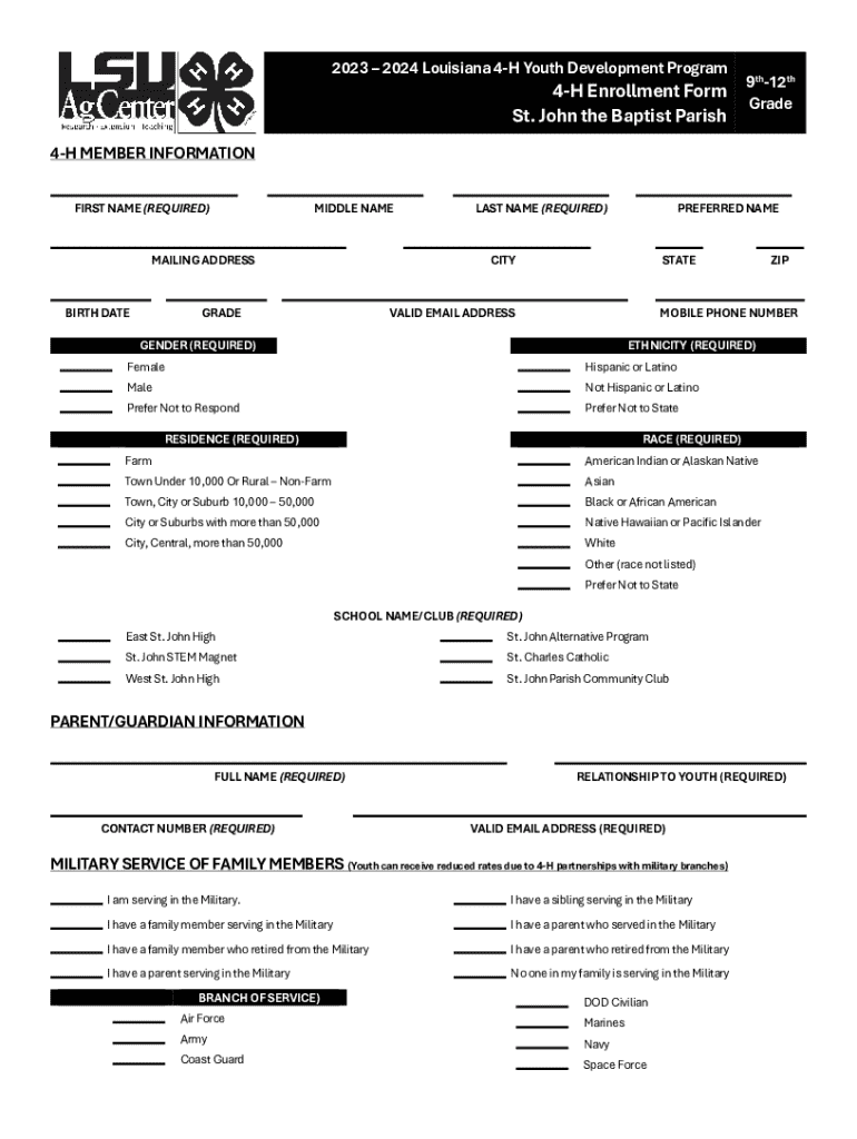 Fillable Online 2023-2024 St. John 4-H Enrollment Form - 9th-12th Grade ...