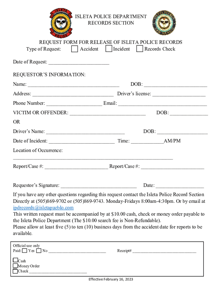 Fillable Online ISLETA POLICE DEPARTMENT REPORT REQUEST FORM Fax Email ...