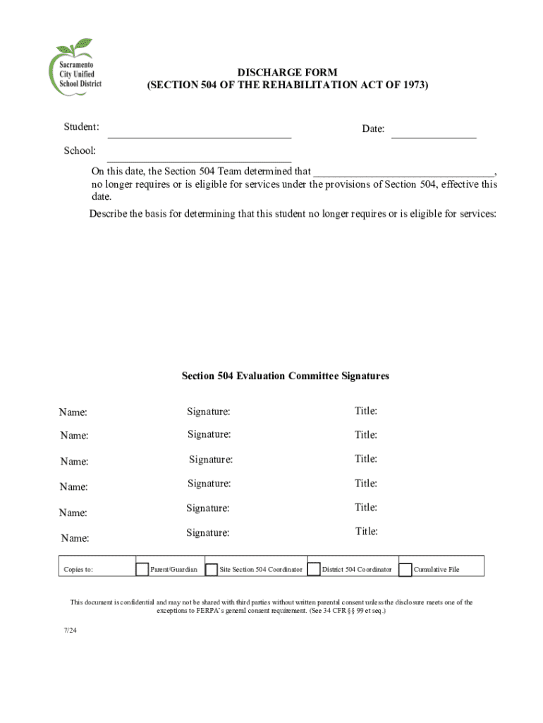 Fillable Online DISCHARGE FORM (SECTION 504 OF THE REHABILITATION ACT ...