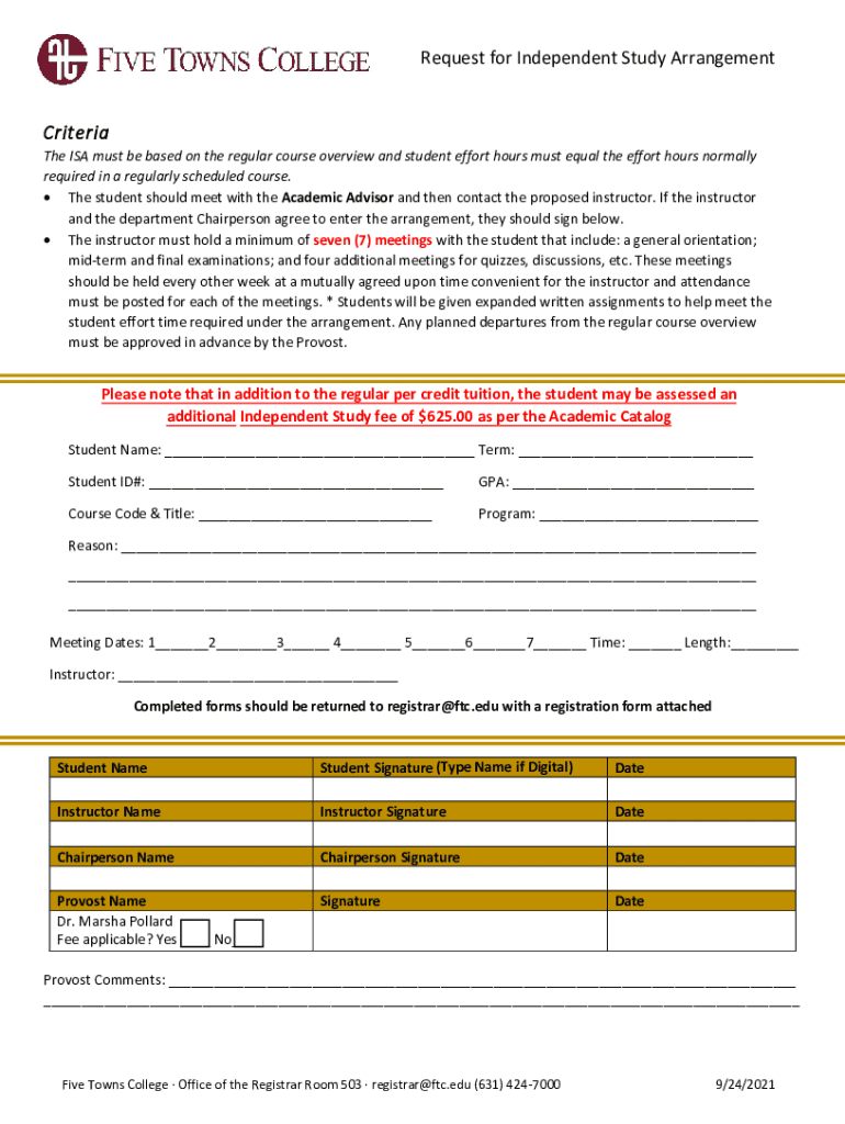 Fillable Online Request for Independent Study Arrangement Criteria Fax Email Print - pdfFiller