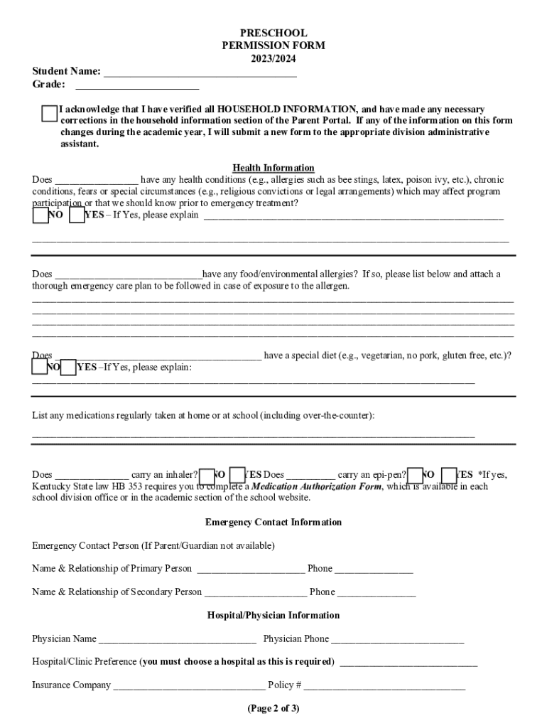Fillable Online preschool student permission and health information form 202223.docx Fax Email ...