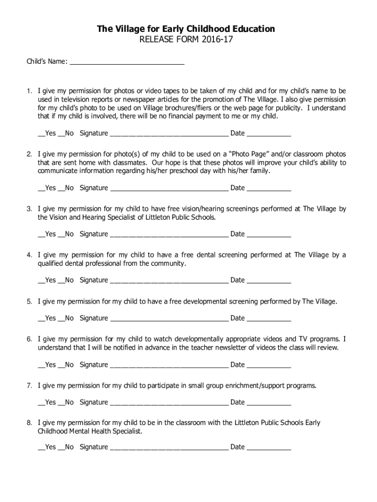 Fillable Online The Village for Early Childhood Education--RELEASE FORM ...
