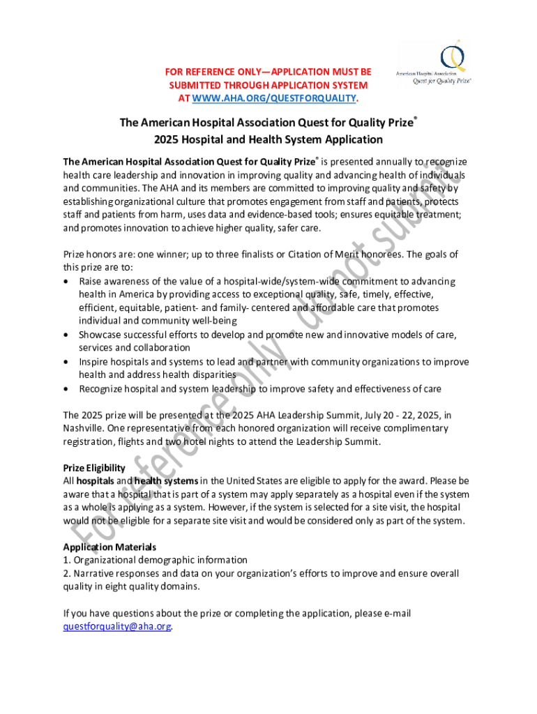 Fillable Online Apply now for the 2025 AHA Quest for Quality Prize Fax ...
