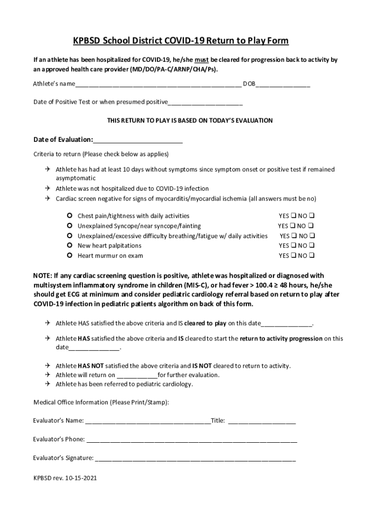 Fillable Online KPBSD School District COVID-19 Return to Play Form Fax ...
