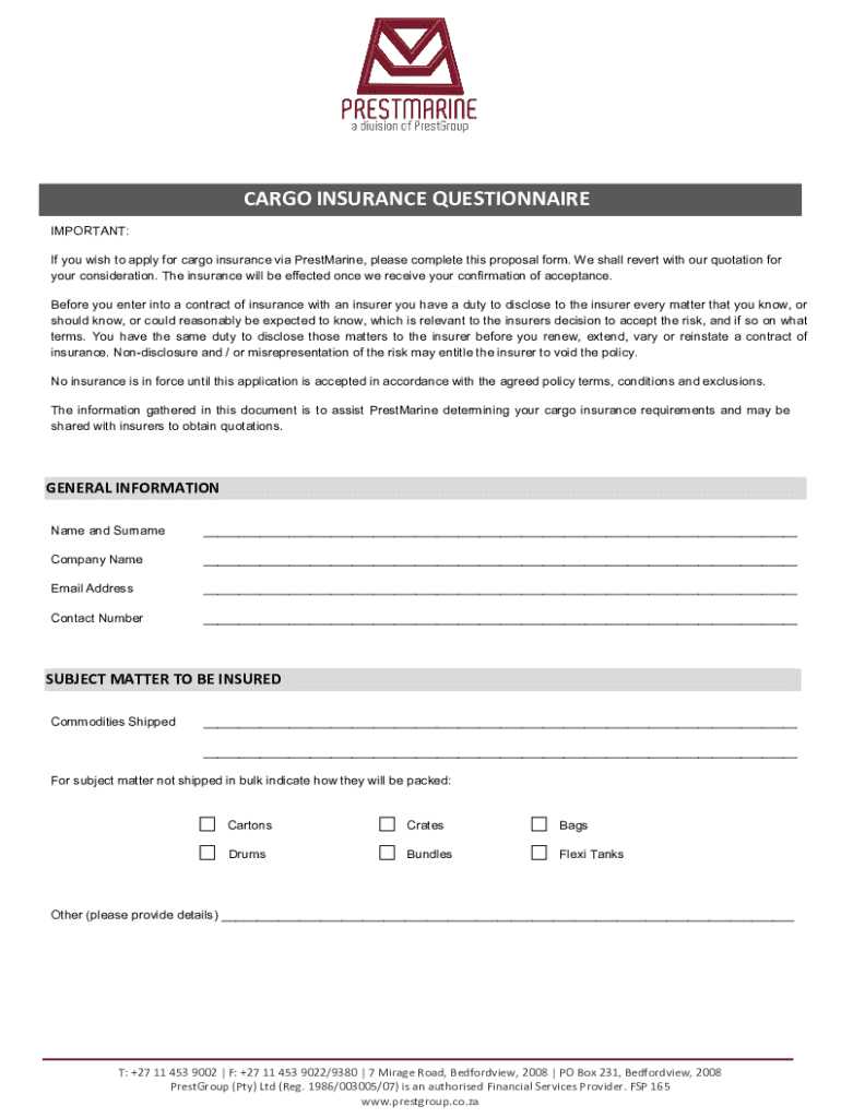 Fillable Online Marine Cargo Proposal Form - Fill Online, Printable ...