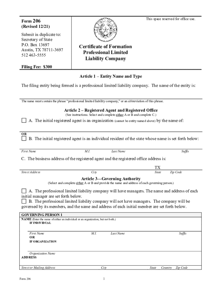 Form 206 - Certificate of Formation Professional Limited Liability ...
