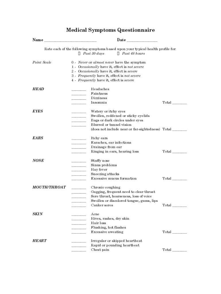 Fillable Online Medical Symptom Questionnaire - Lifestyle Assessment ...