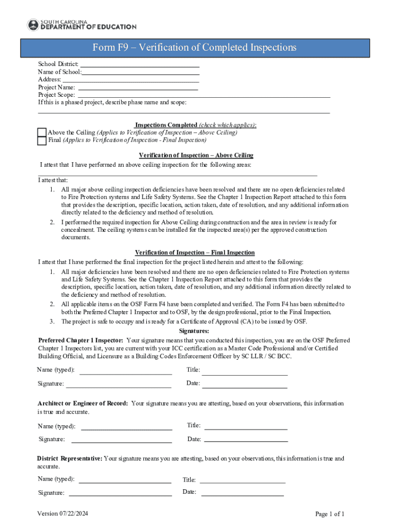 Fillable Online Form F9Verification of Completed Inspections. School ...