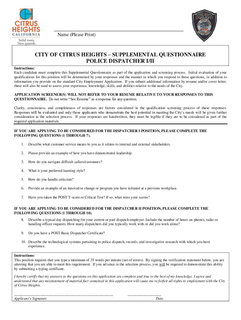 Fillable Online SUPPLEMENTAL QUESTIONNAIRE PER DIEM POLICE ... Fax ...