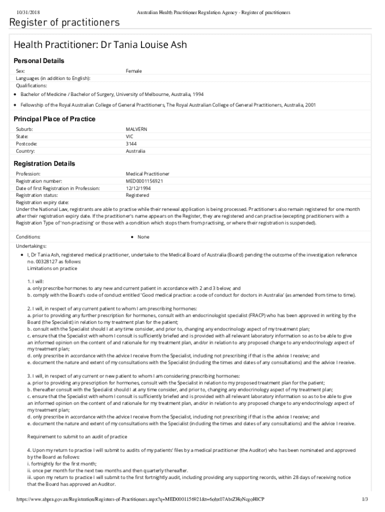 Fillable Online Health Practitioner: Dr Tania Louise Ash Fax Email Print - pdfFiller