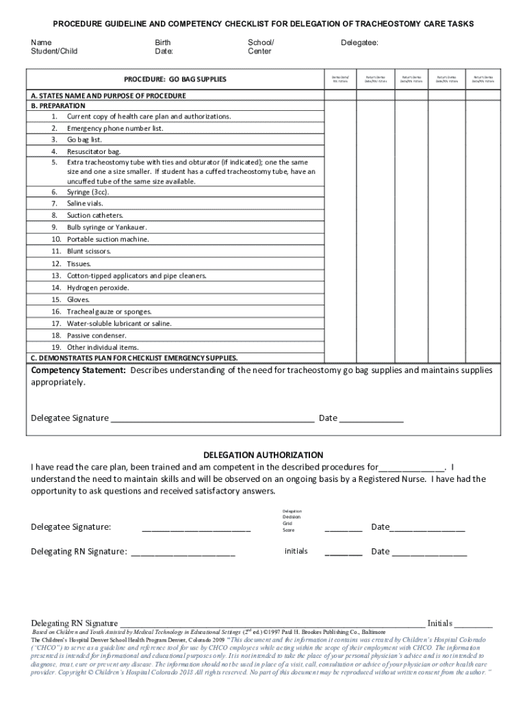 Fillable Online 22.5: Checklist for Tracheostomy Suctioning and Sample ...