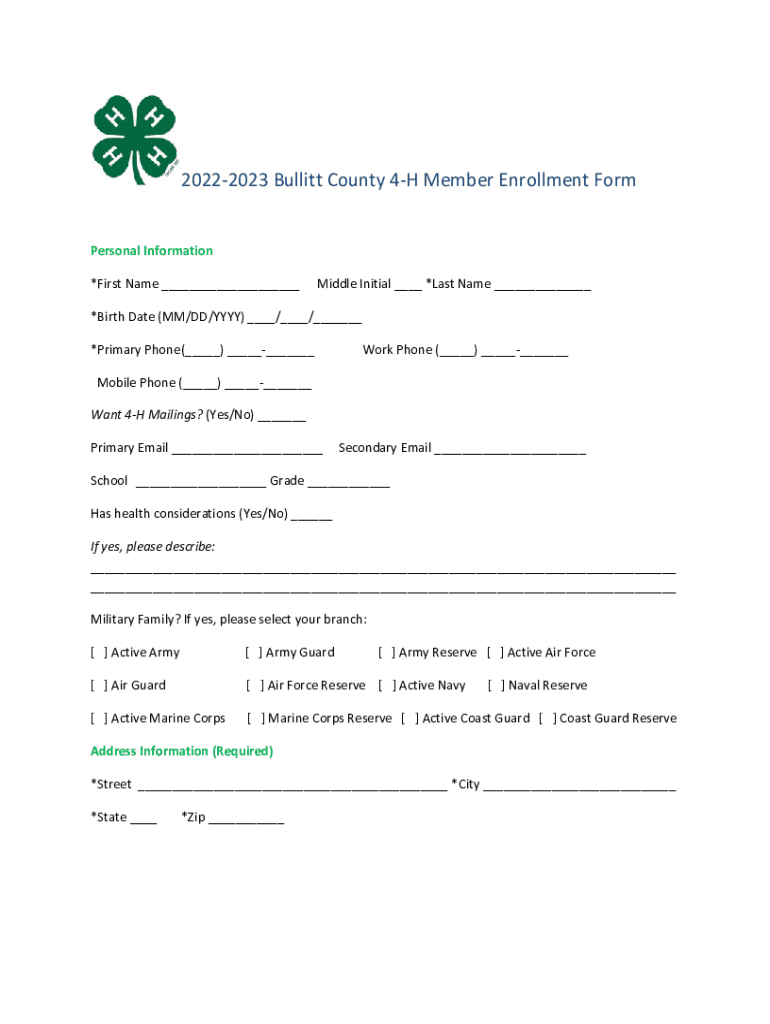 Fillable Online 2022-2023 Bullitt County 4-H Member Enrollment Form Fax Email Print - pdfFiller