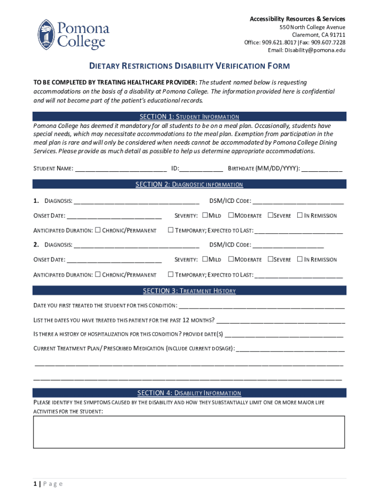 Fillable Online Dietary Restrictions Disability Verification ...