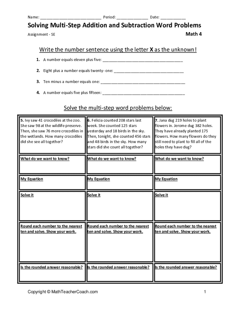 Fillable Online Solving Multi-Step Addition and Subtraction Word ...