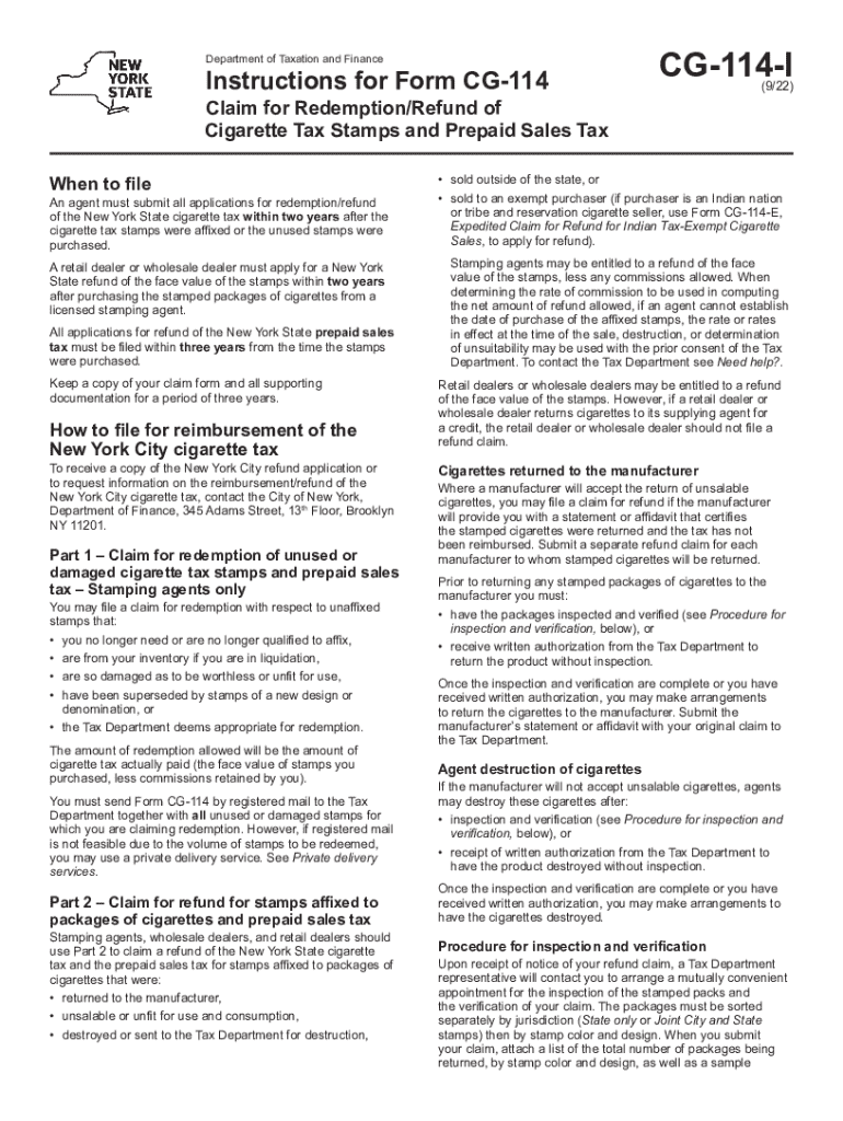 Fillable Online Form CG-114 Claim for Redemption/Refund of Cigarette ...