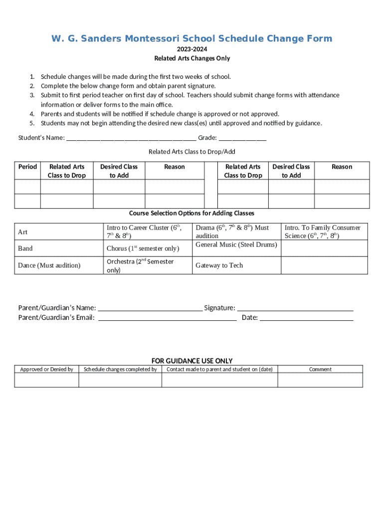 WG Sanders Montessori School Schedule Change Doc Template | pdfFiller