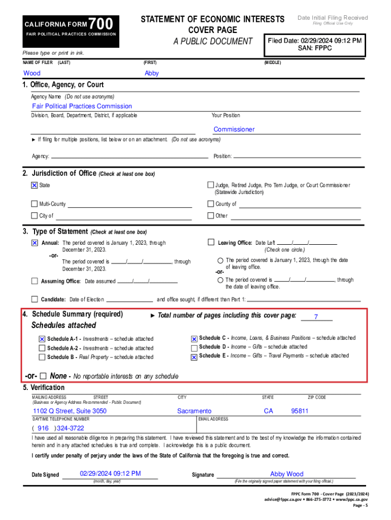 Fillable Online 2024 Statements of Economic Interests Form 700 ...