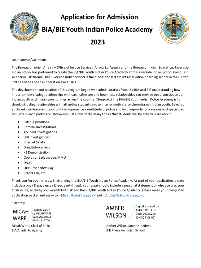 Fillable Online Application for Admission BIA/BIE Youth Indian Police ...