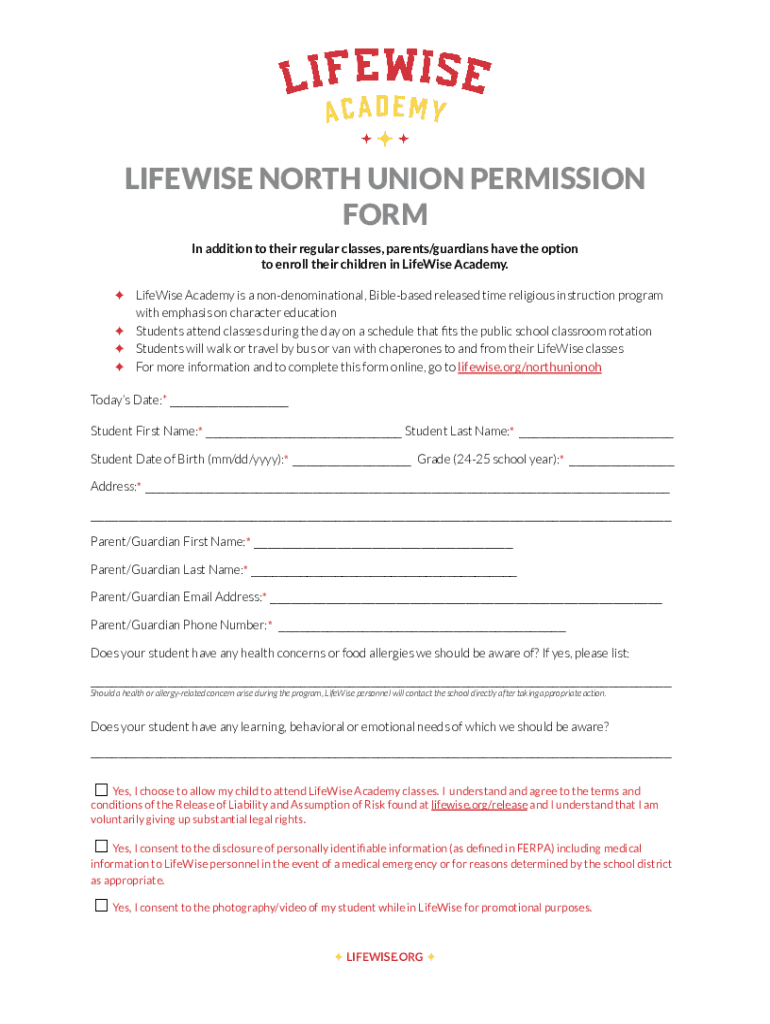 Fillable Online Copy of LifeWise Academy Permission Form Template Fax ...