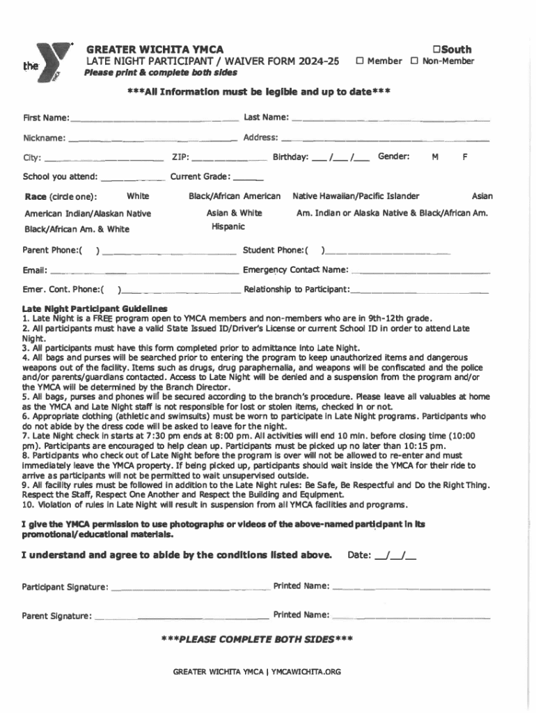 Fillable Online Late Night Registration/Waiver FormGreater Wichita YMCA Fax Email Print - pdfFiller