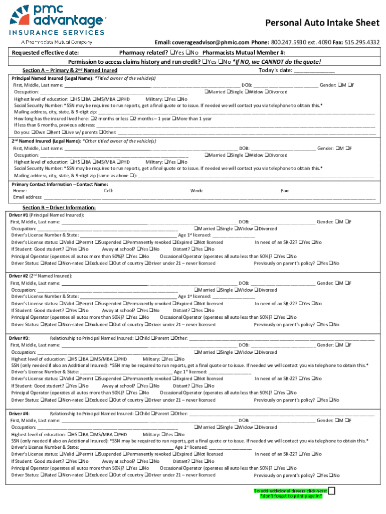 Fillable Online Personal Auto Intake Sheet Fax Email Print - pdfFiller