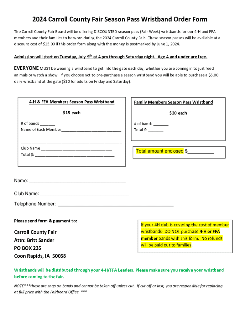 Fillable Online 2024 Carroll County Fair Season Pass Wristband Order ...