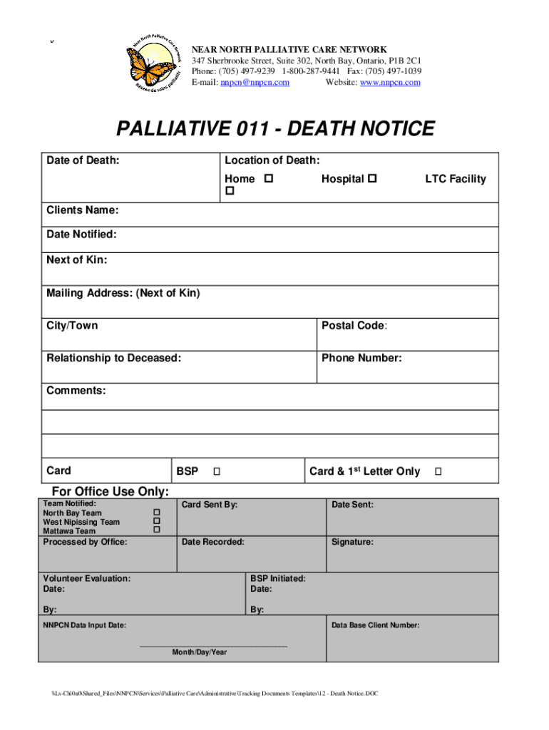 Fillable Online Near North Palliative Care Network. Death Notice Form ...