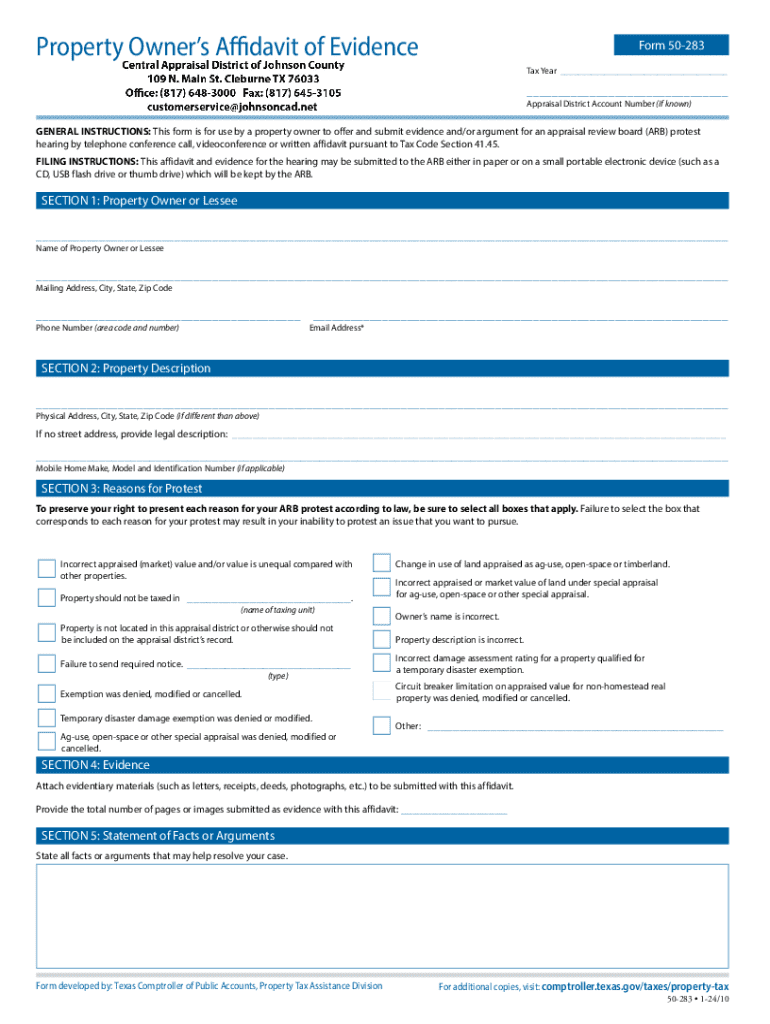 Fillable Online Fillable Form 50-283: Property Owners Adavit of ...
