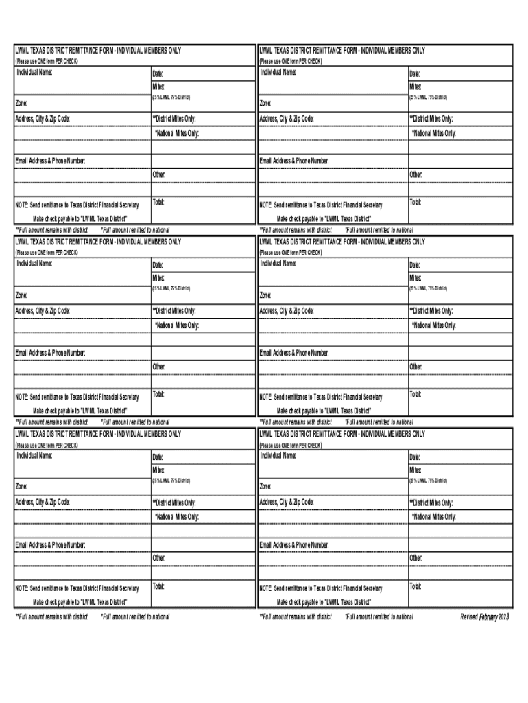 Fillable Online Fillable Online lwml texas district remittance form Fax Email Print - pdfFiller