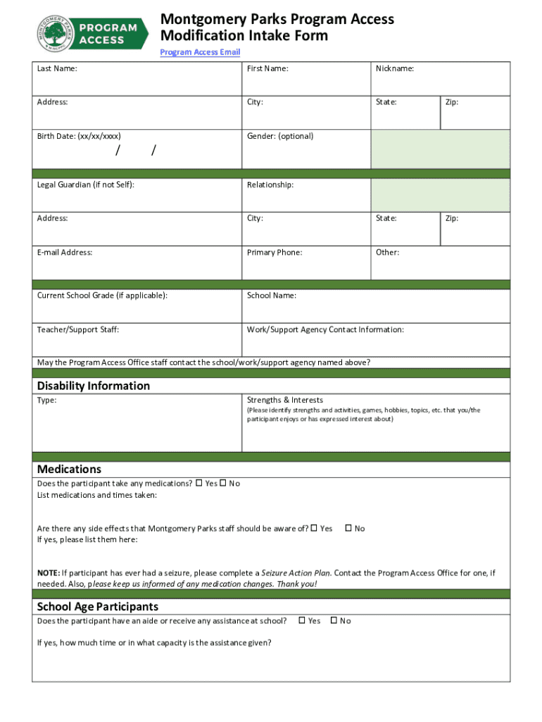 Fillable Online Montgomery Parks Program Access Modification Intake Form. Montgomery Parks ...