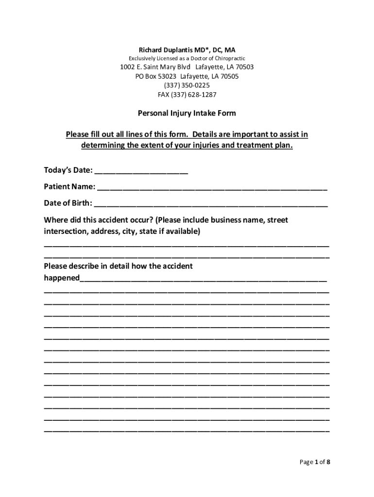 Fillable Online Personal Injury Intake Form Please fill out all lines ...