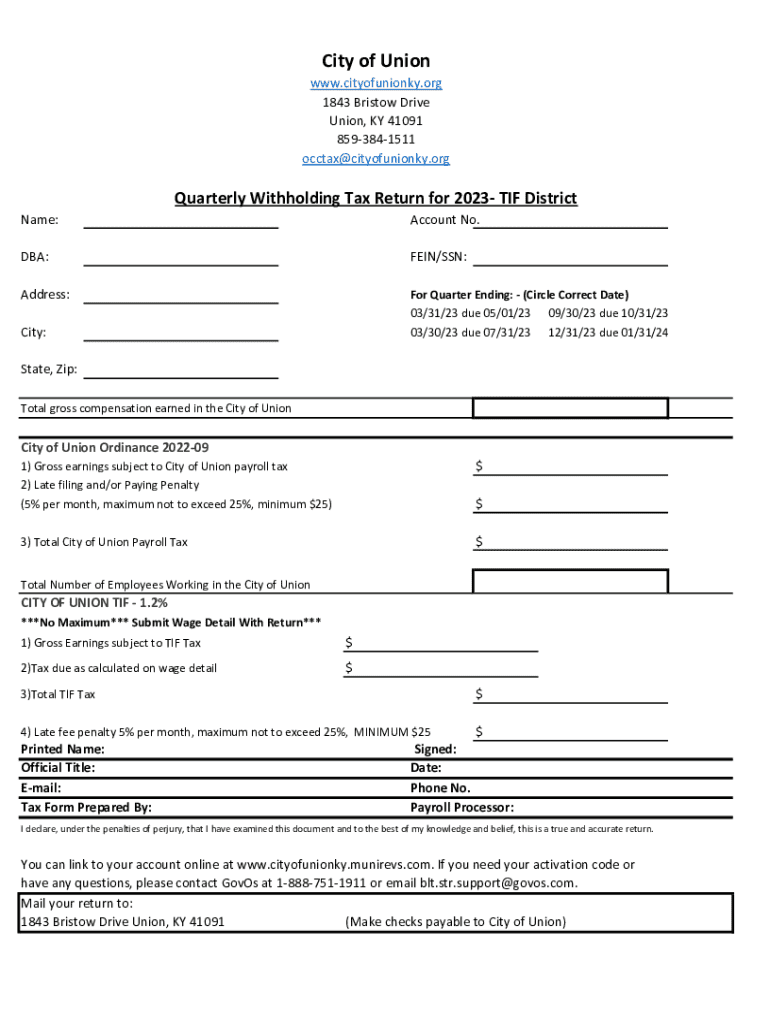 Fillable Online Quarterly Withholding Tax Return for 2023- TIF District ...