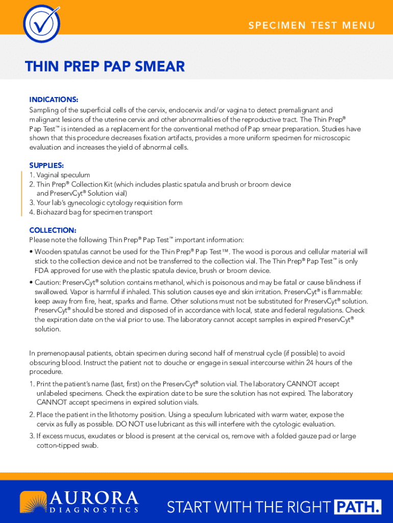 Fillable Online Specimen Test Menu: Thin Prep Pap Smear Fax Email Print ...