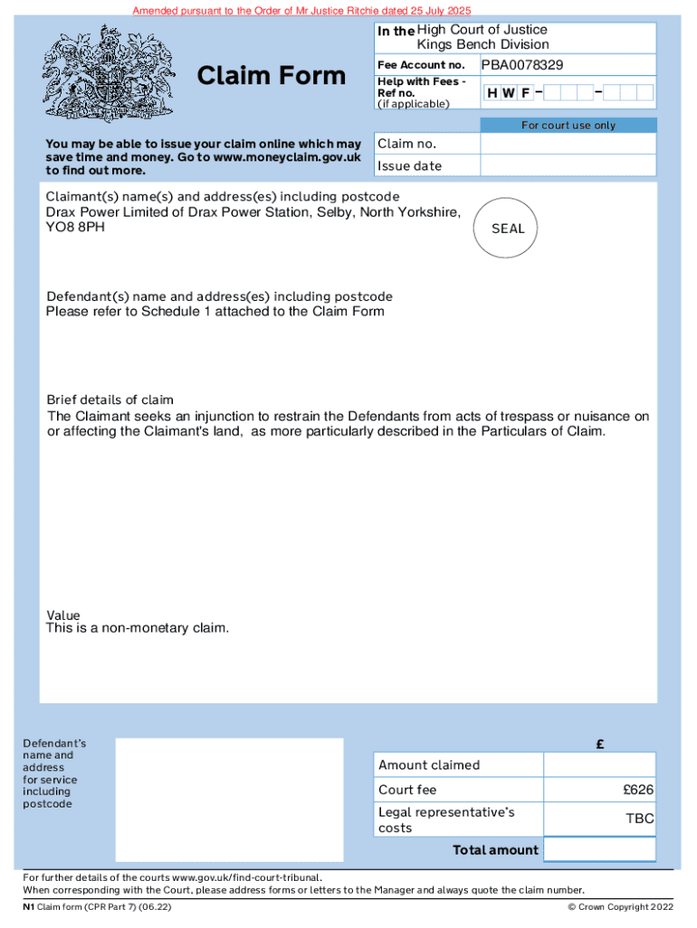 Fillable Online N1 Claim form (CPR Part 7). N1 Claim form (CPR Part 7 ...