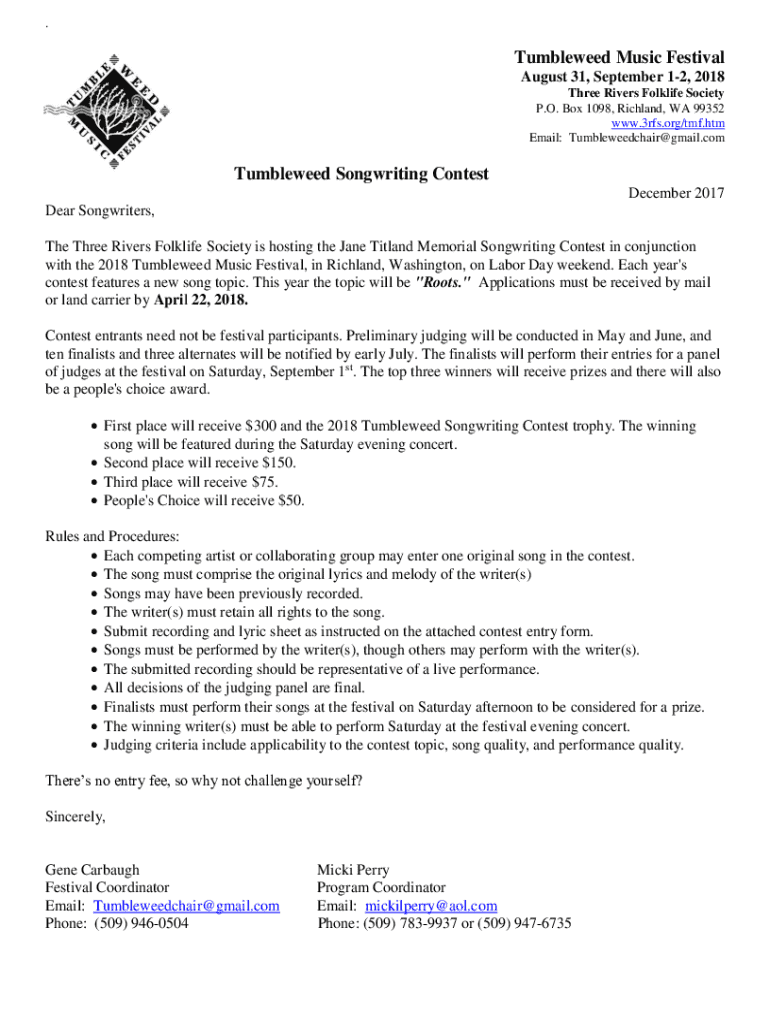 Fillable Online Tumbleweed Music Festival information and application ...