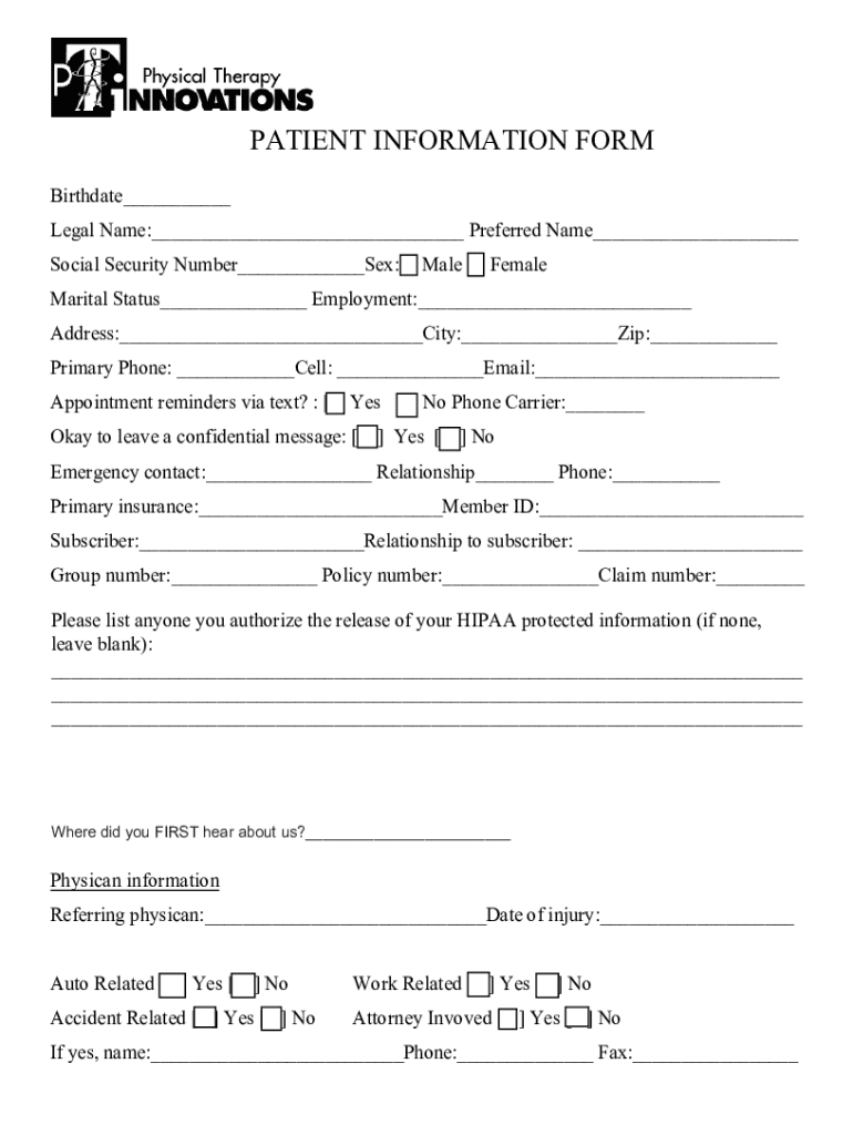 Fillable Online PATIENT INFORMATION FORM - Physical Therapy Innovations Fax Email Print - pdfFiller