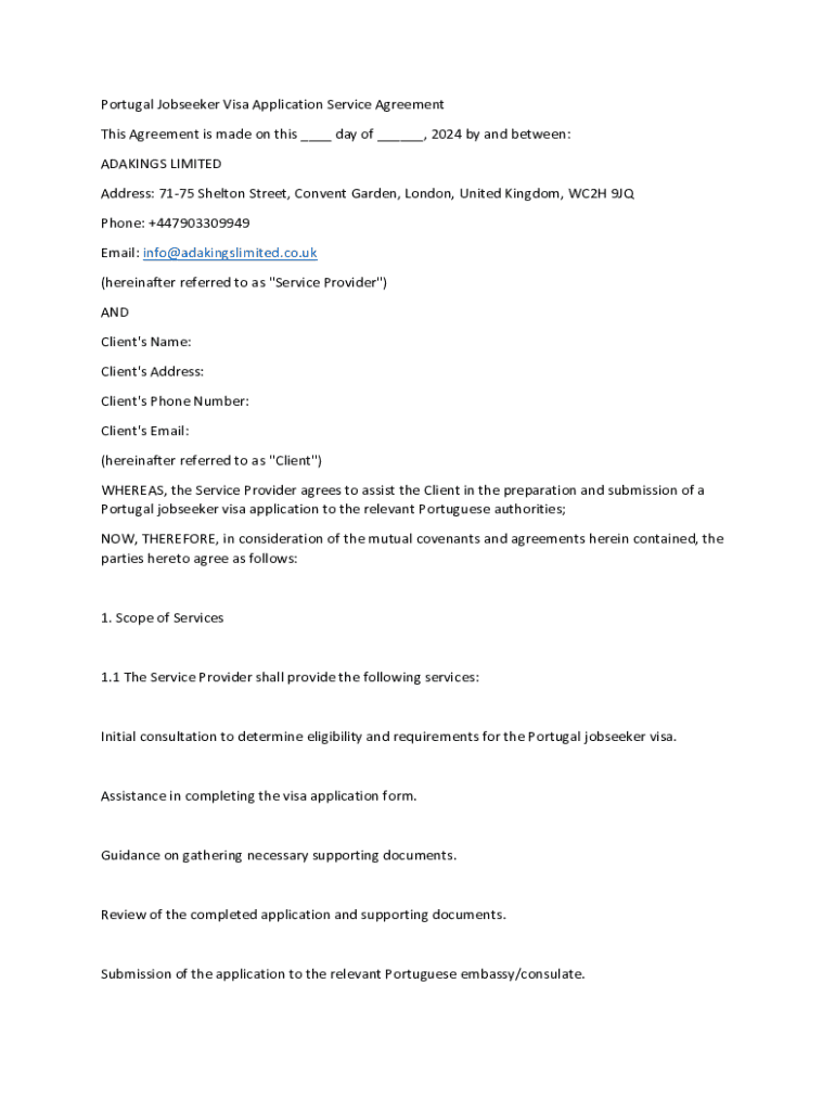 Fillable Online Portugal Jobseeker Visa Application Service Agreement ...