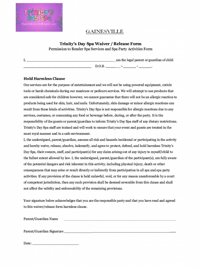 Fillable Online Day Spa Liability Waiver form Template - SwiftCloud Fax ...