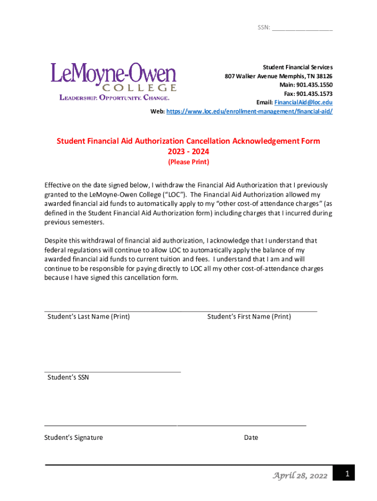 Fillable Online 1 Student Financial Aid Authorization Acknowledgement ...