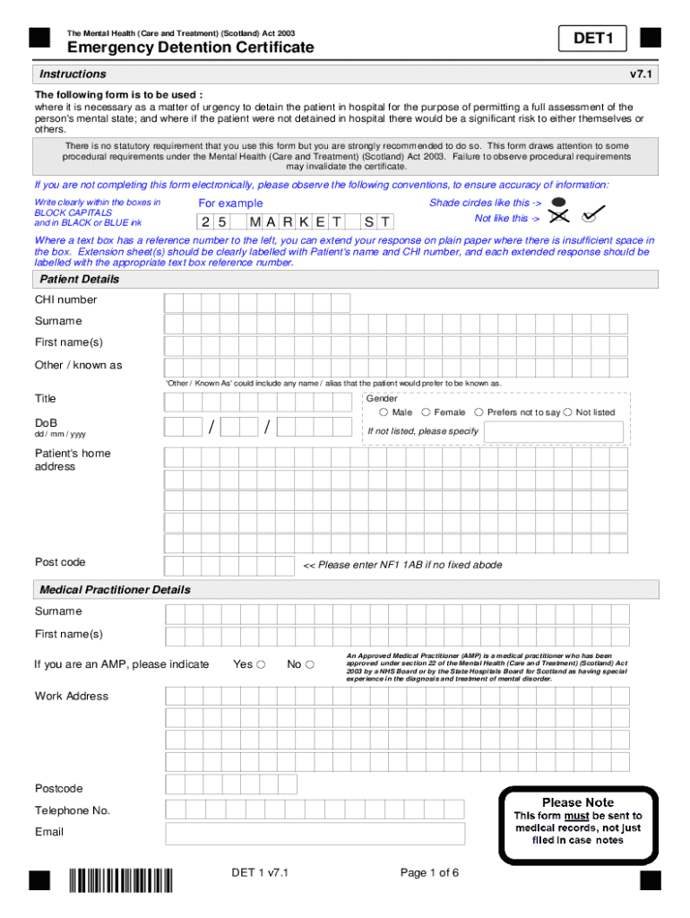 Fillable Online Emergency Detention Certificate DET1 - Right Decision ...