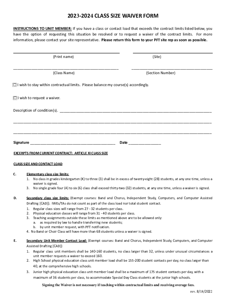Fillable Online CLASS SIZE WAIVER FORM 2021-22 Fax Email Print - pdfFiller