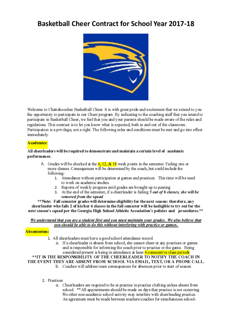 Fillable Online Basketball Cheer Contract for School Year 2017-18 Fax ...