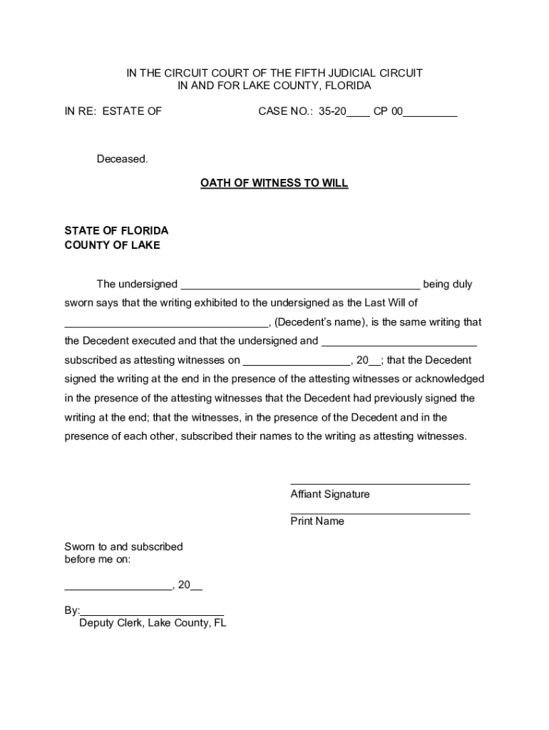 Fillable Online Oath of Witness to Will - Fifth Judicial Circuit Fax ...